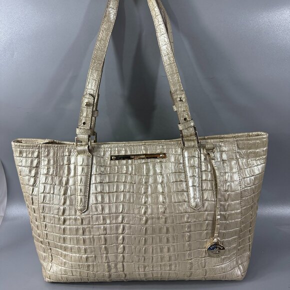 Brahmin | Bags | Brahmin Gold Metallic Crocprint Leather Shoulder Bag ...